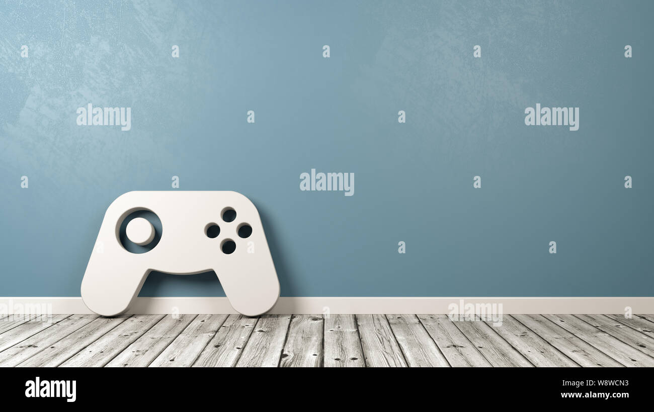 White Gamepad Controller 3D Symbol Shape on Wooden Floor Against Blue ...