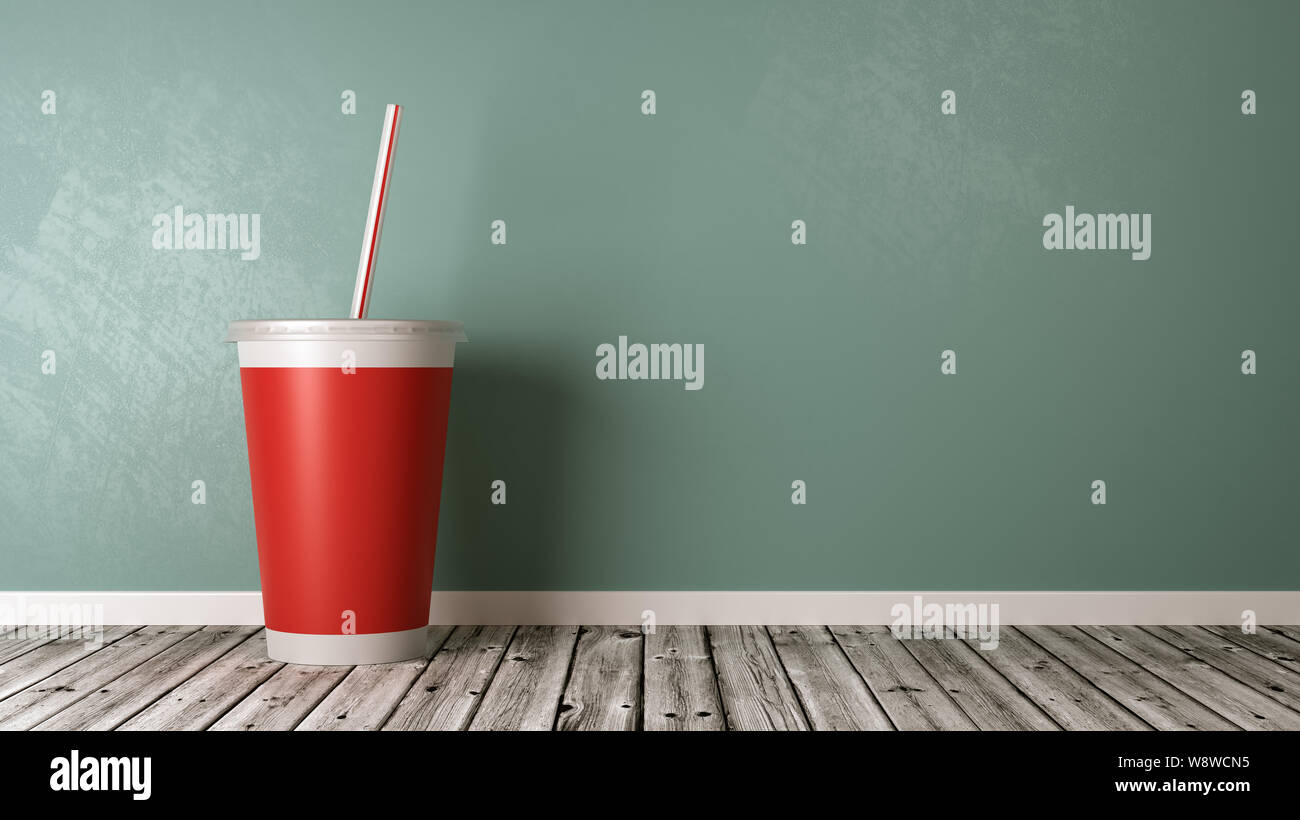 One Single Red Fast Food Drinking Cup with Straw on Wooden Floor ...