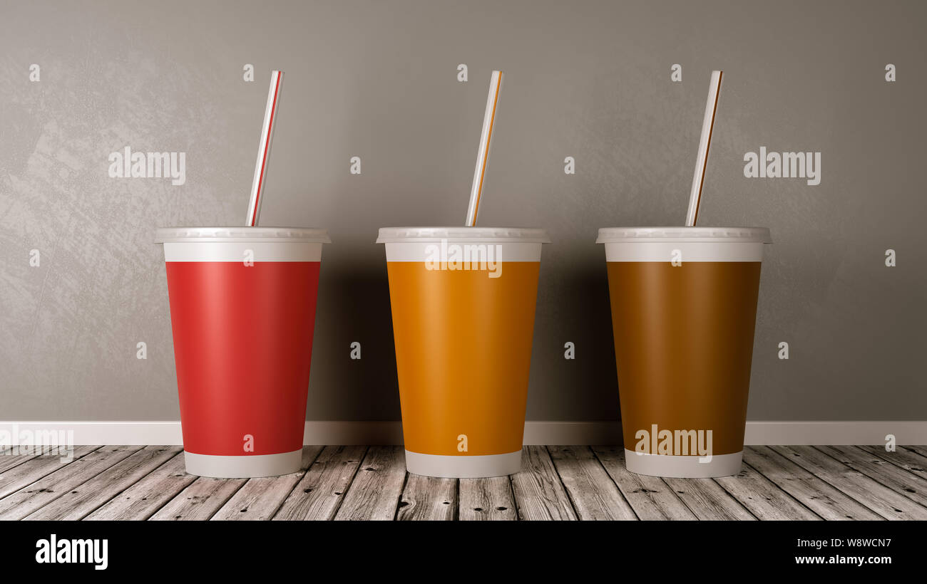 Fast Food Drinking Cups with Straw on Wooden Floor Against Gray Wall 3D ...