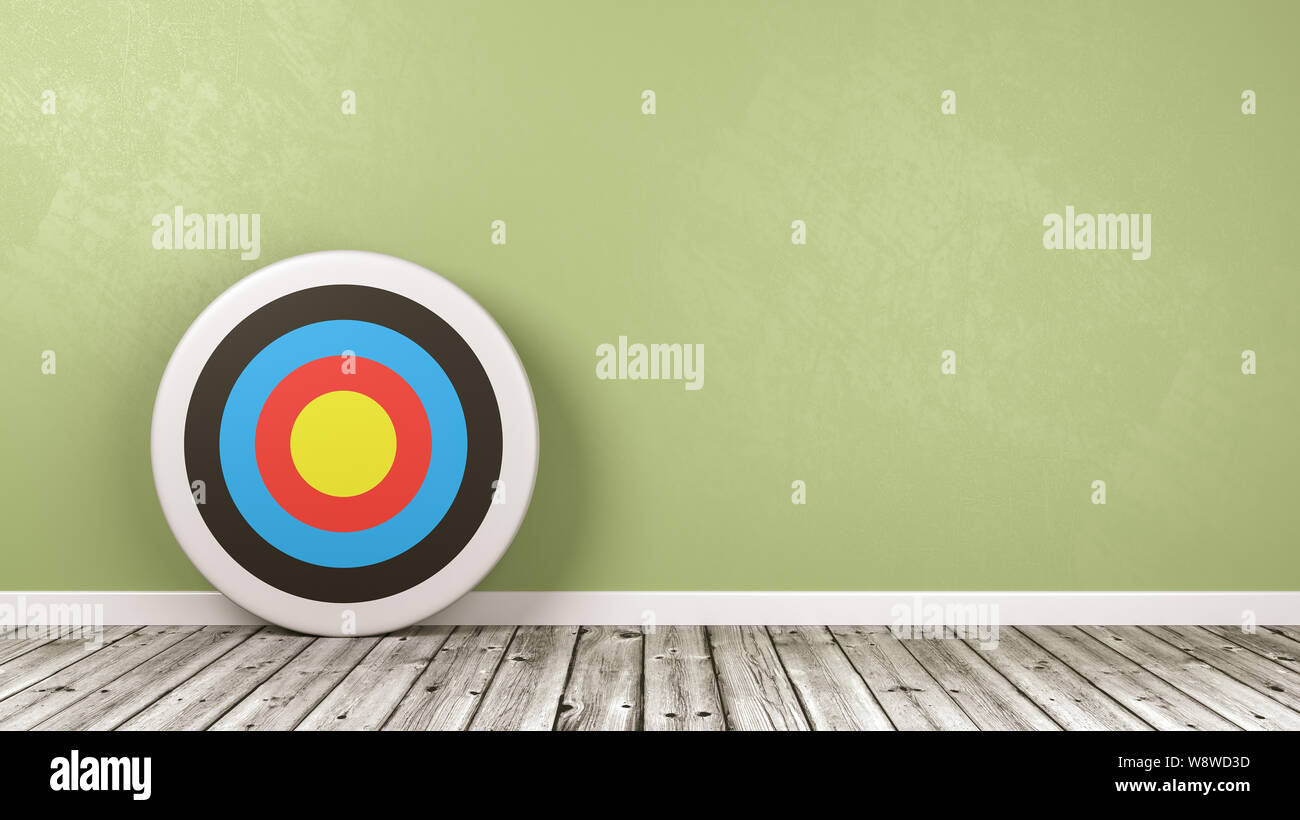 Colorful Arrow Target on Wooden Floor Against Green Wall with Copy ...