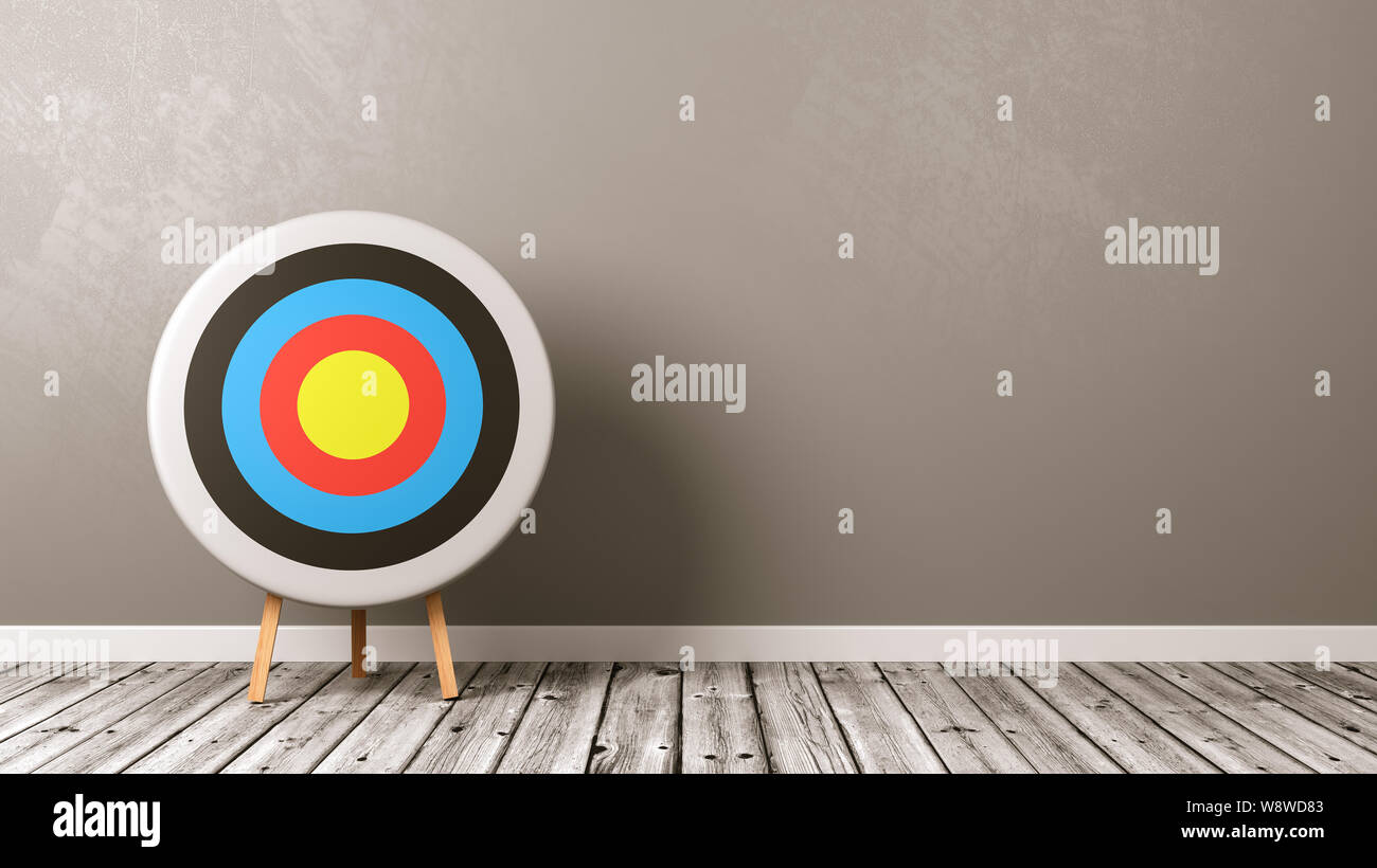 Colorful Arrow Target on Wooden Floor in a Gray Wall Room with Copy ...