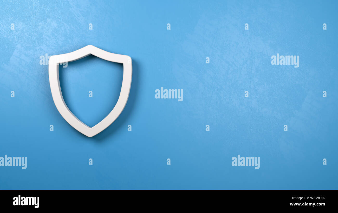 White Shield 3D Symbol Shape on a Blue Plastered Wall with Copy Space ...