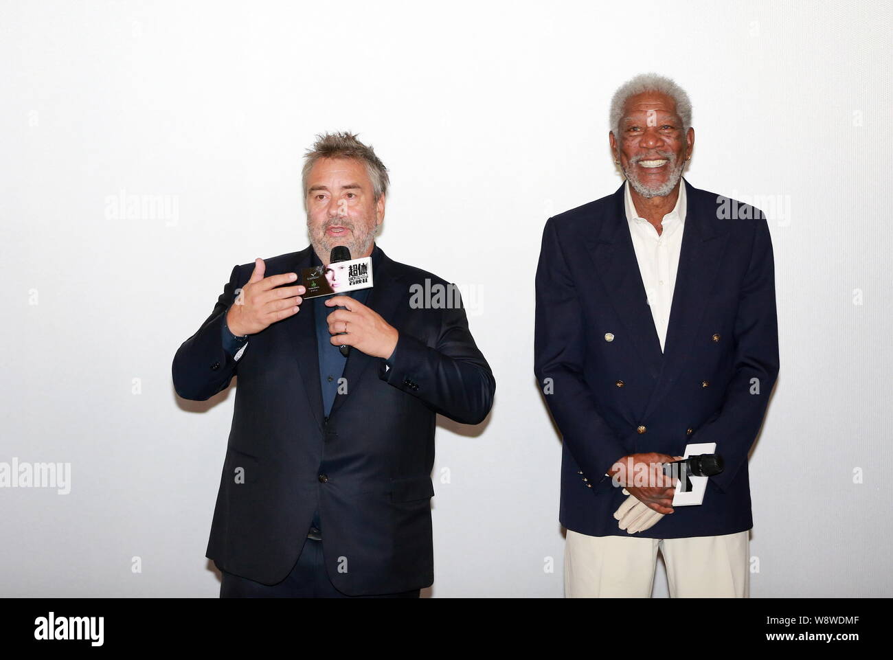 French director Luc Besson, left, and American actor Morgan Freeman ...