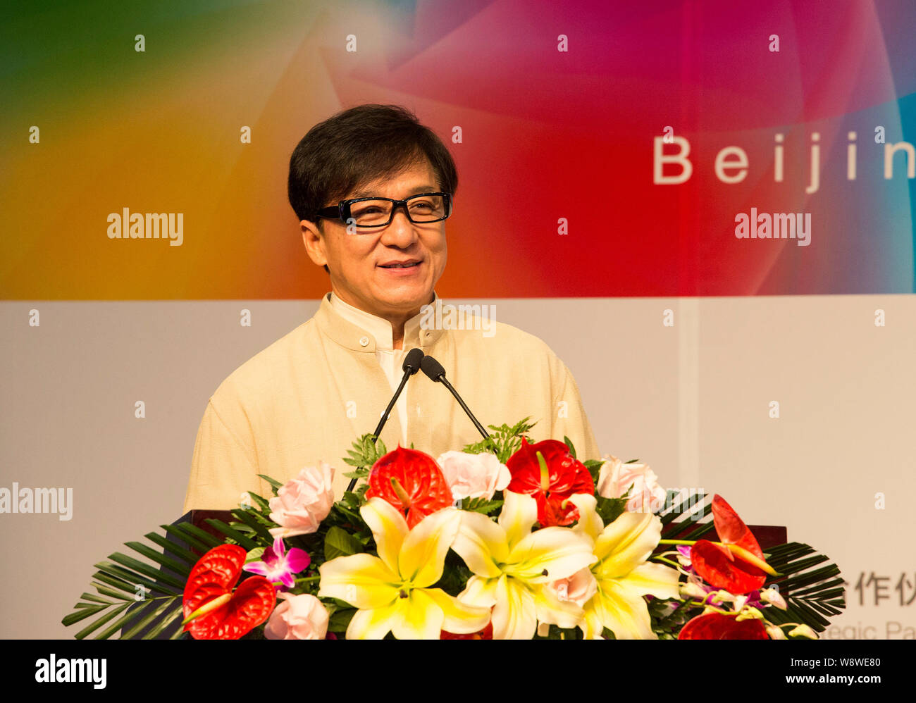 Hong Kong actor Jackie Chan speaks during a shooting ceremony for his ...