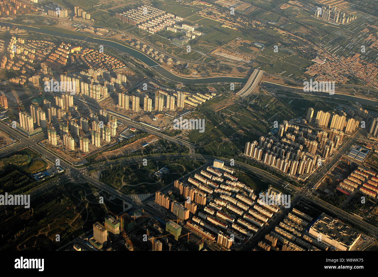 --FILE--Aerial view of residential houses and apartment buildings in ...