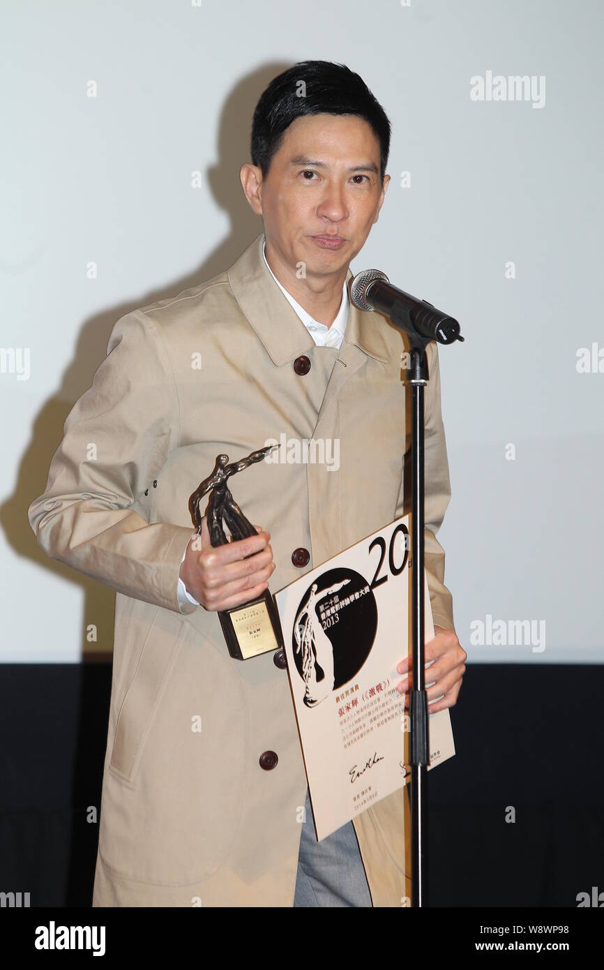 Hong Kong actor Nick Cheung delivers a thank you speech after receiving ...