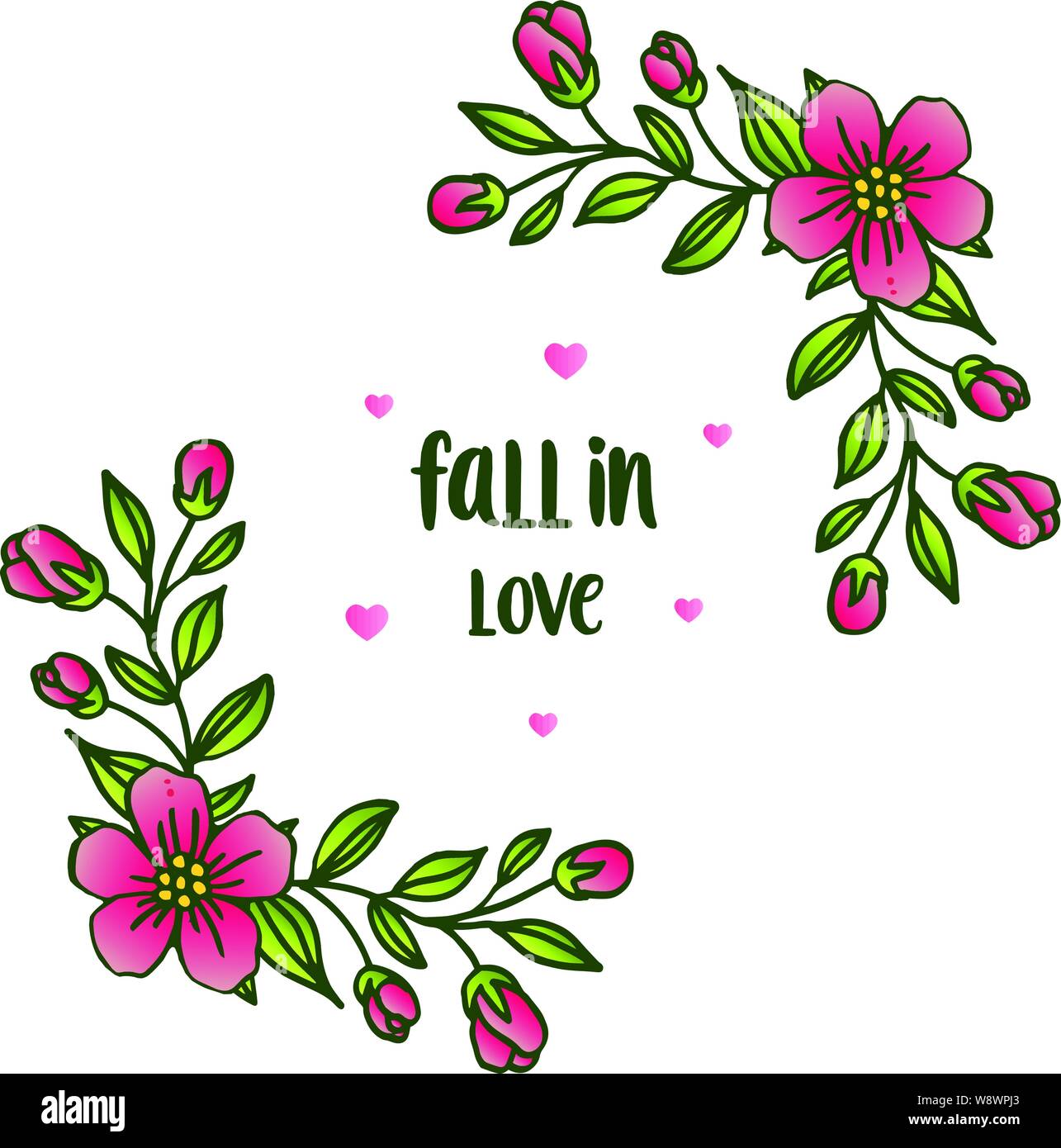 Border of flower frame and foliage, for greeting card fall in love ...