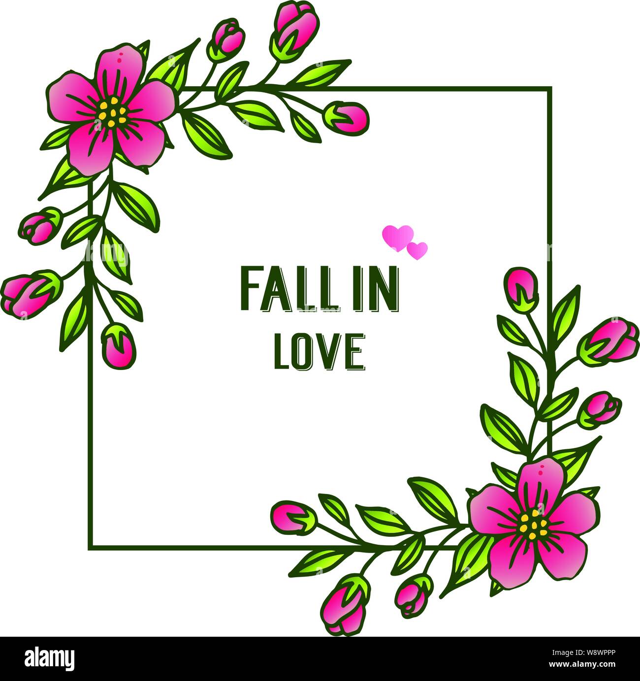 Border of flower frame and foliage, for greeting card fall in love ...