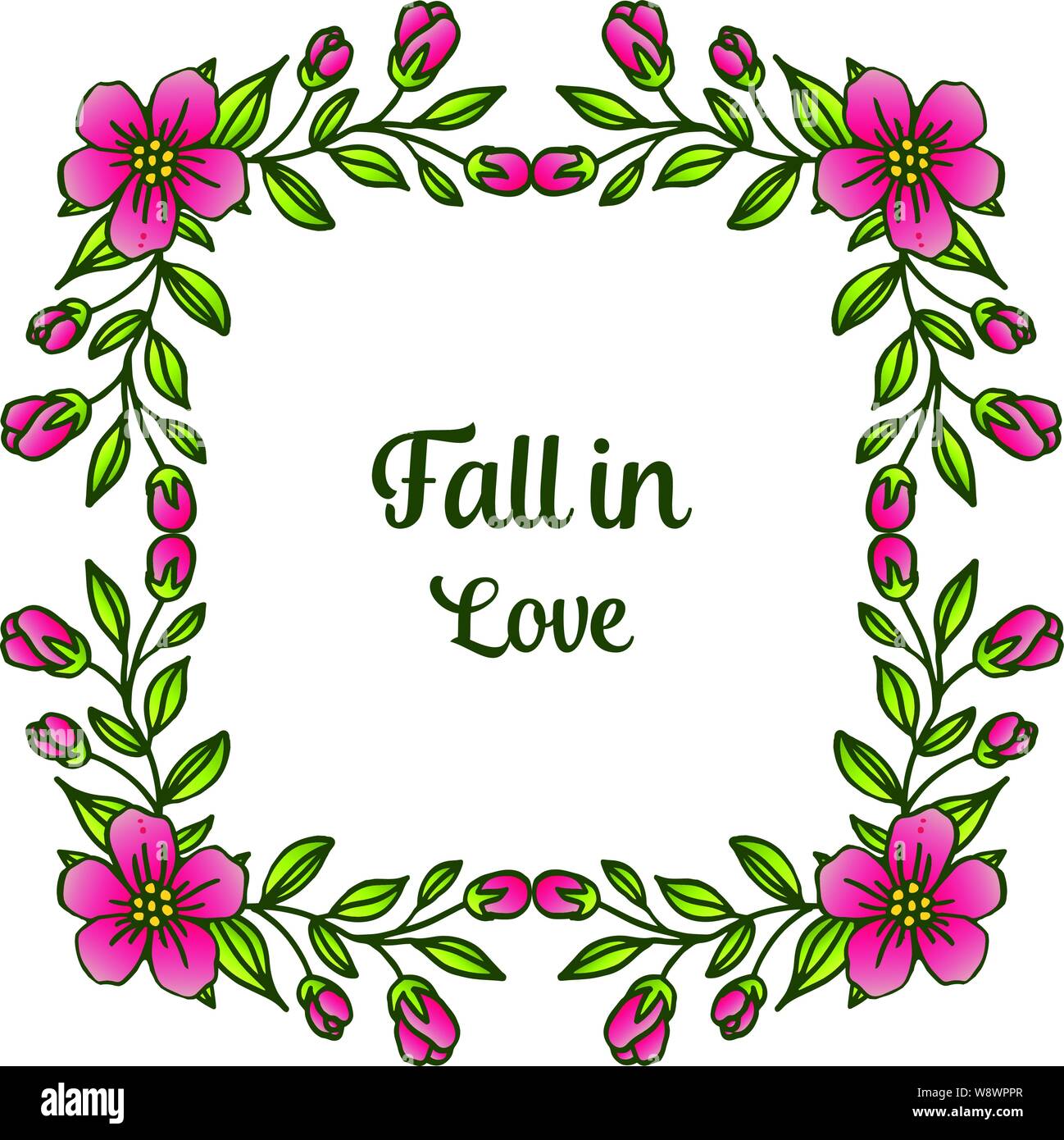 Border of flower frame and foliage, for greeting card fall in love ...