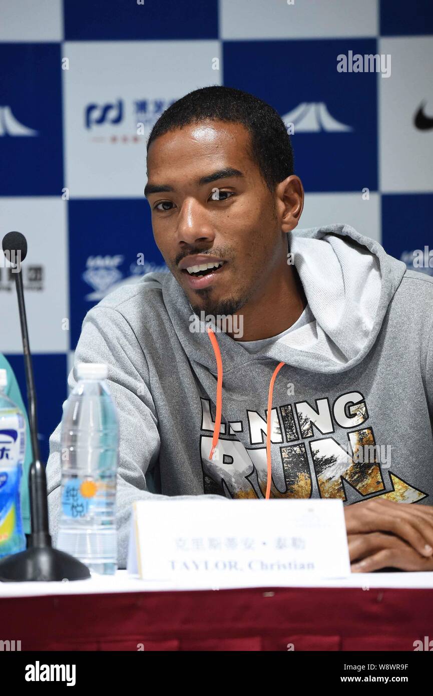 American track and field athlete Christian Taylor speaks during a press ...