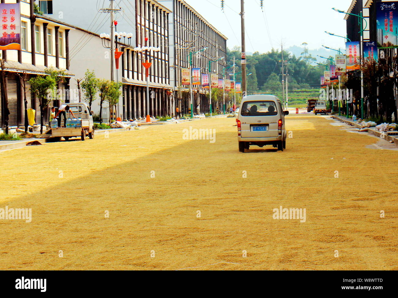 A minivan travels on a road covered with rice in Mingda town, Liangping ...