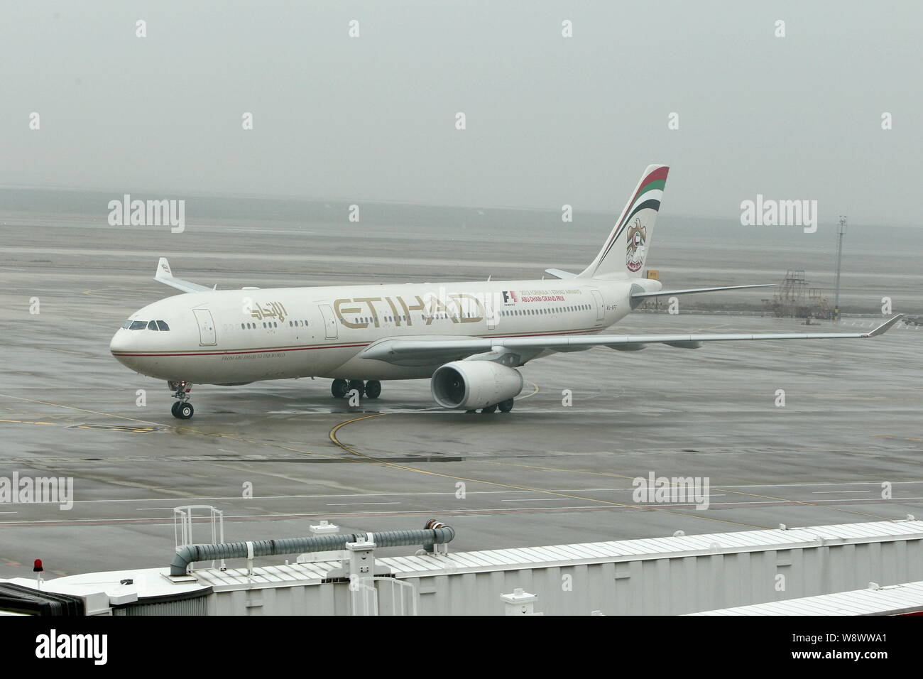 --FILE--An Airbus A330-300 jet plane of Etihad Airways taxis to the parking apron after landing ...