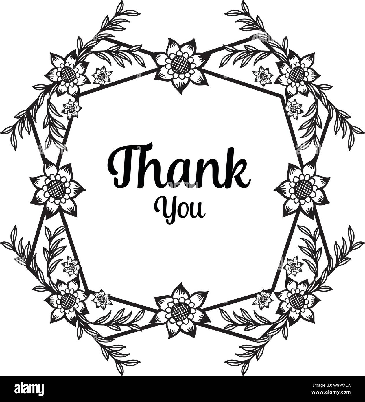 Lettering design thank you, with vintage flower frame, template of card ...