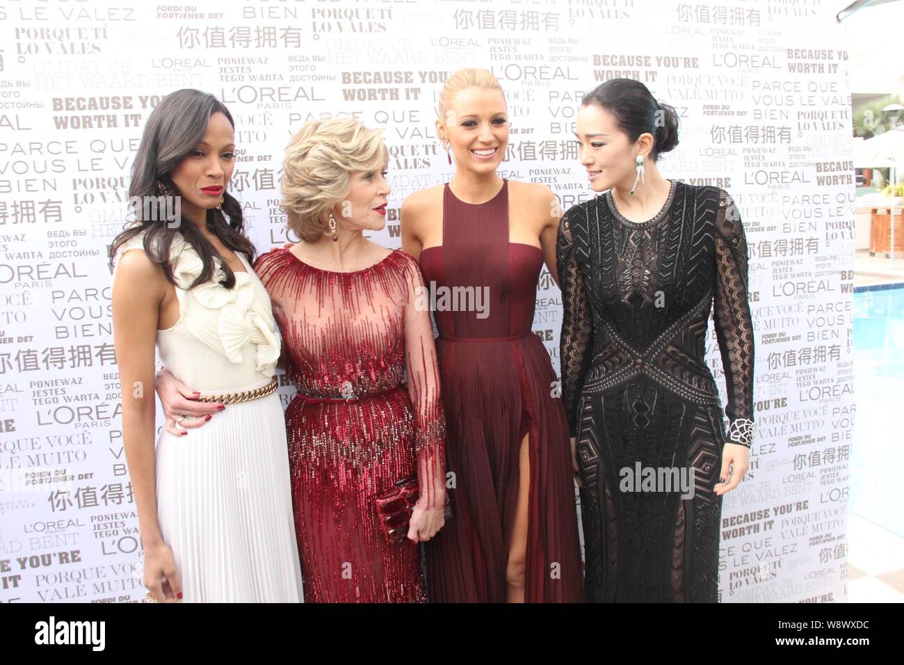 (From left) American actresses Zoe Saldana, Jane Fonda, Blake Lively ...