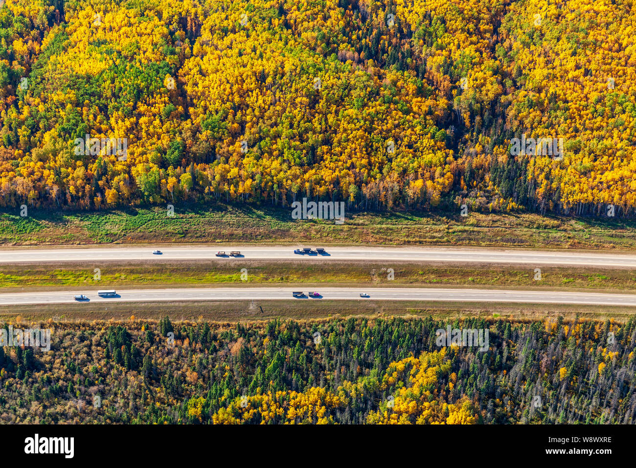 Aerial autumn view of vehicles on Highway 63 just north of Fort ...
