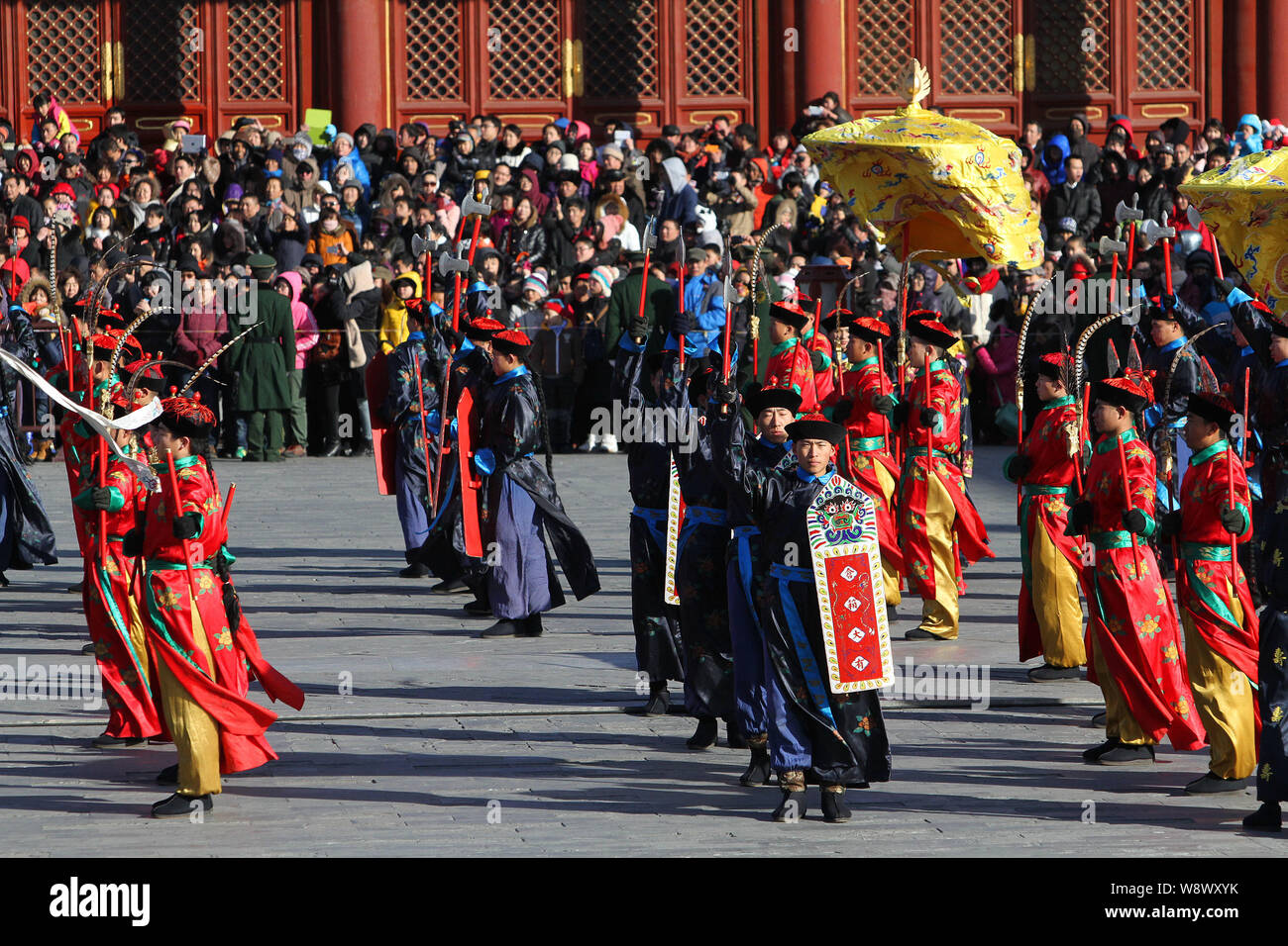 Entertainers dressed in costumes of the Qing Dynasty (AD 1644 - 1911 ...