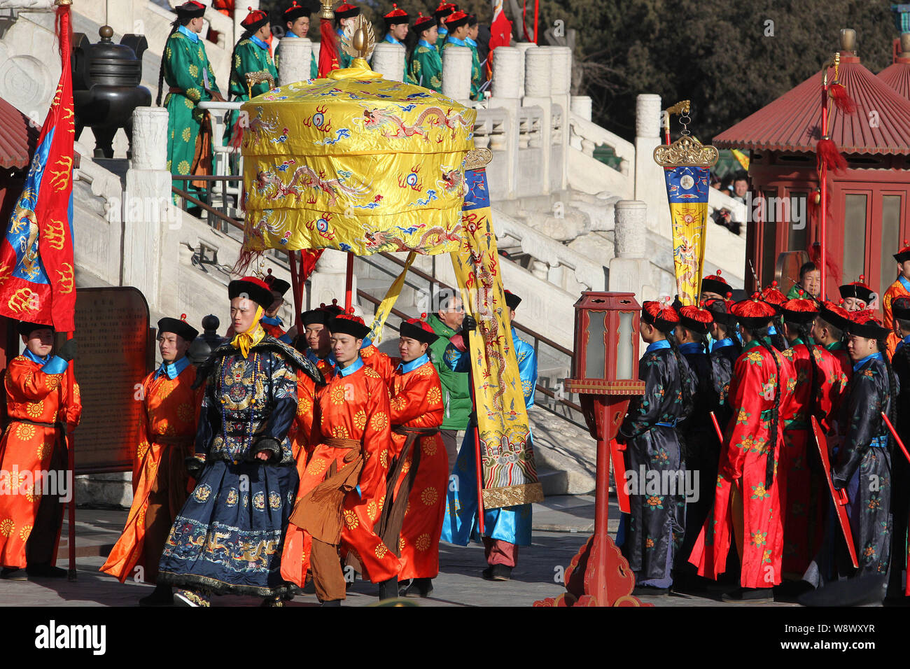Entertainers dressed in costumes of the Qing Dynasty (AD 1644 - 1911 ...