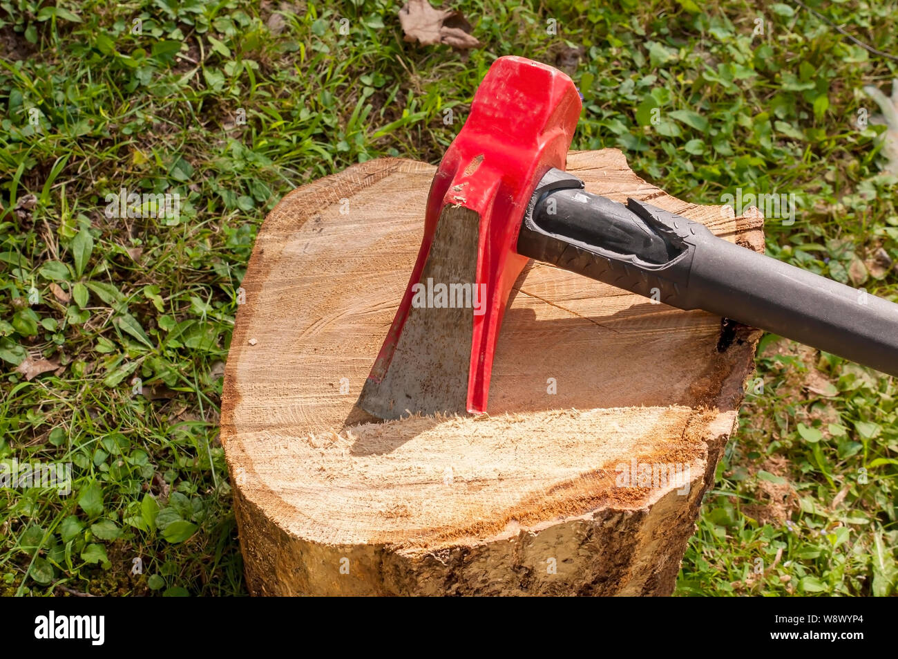 A wood splitting maul on top of a wooden log with grass in the ...