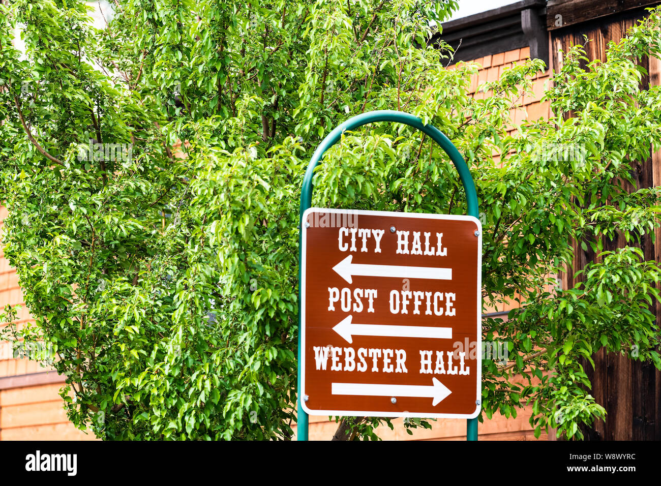 Gunnison, USA - June 20, 2019: Main street road in Colorado with sign ...