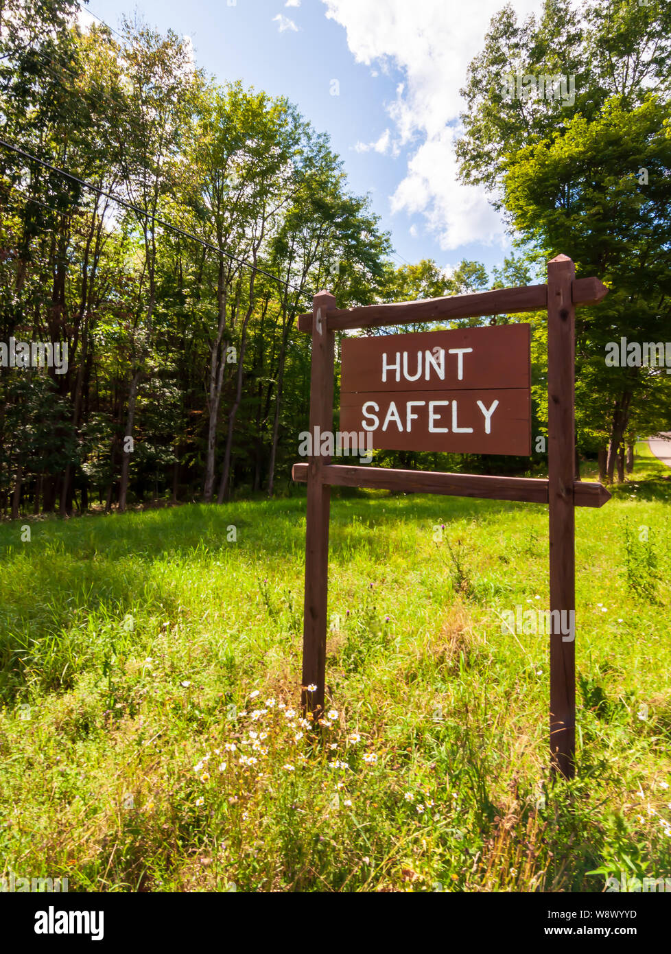A wooden sign saying HUNT SAFELY on the side of a road in Warren county ...