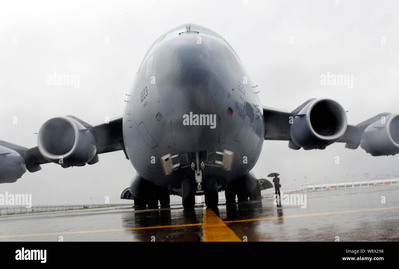 A Boeing C-17 Globemaster III large military transport aircraft is ...