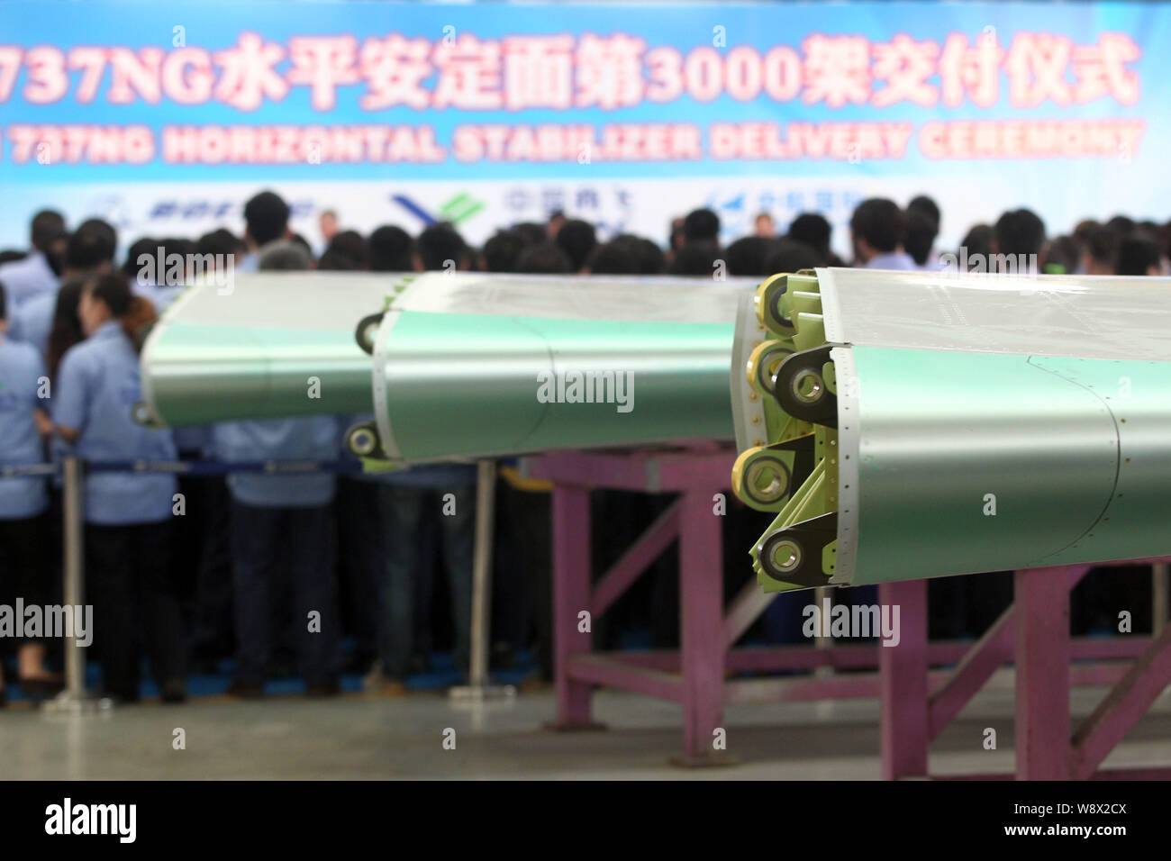 Horizontal stabilizers for the new Boeing 737 are lined up at the ...
