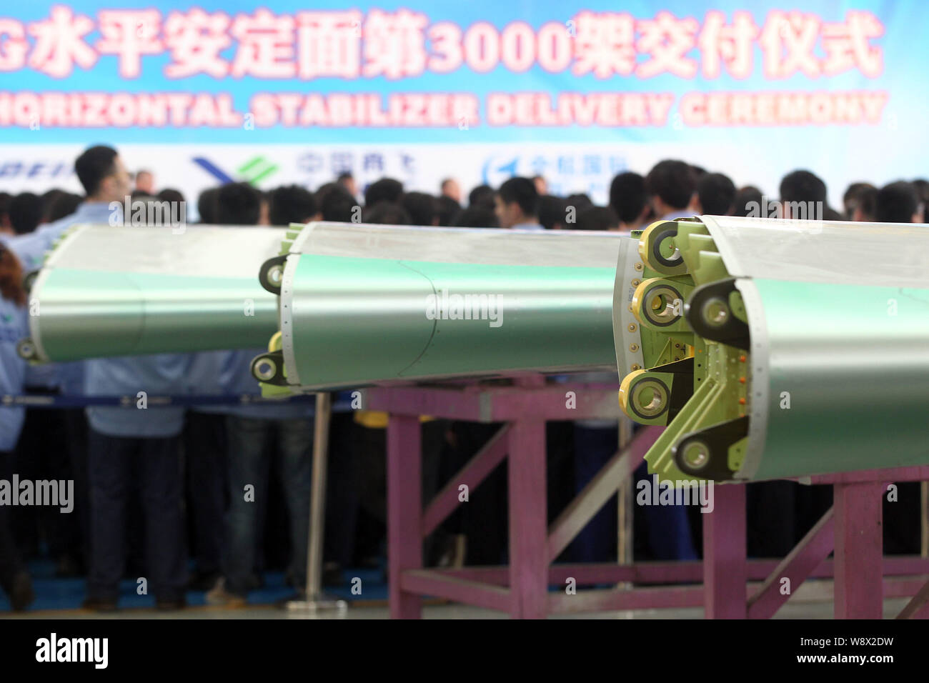 Horizontal stabilizers for the new Boeing 737 are lined up at the ...