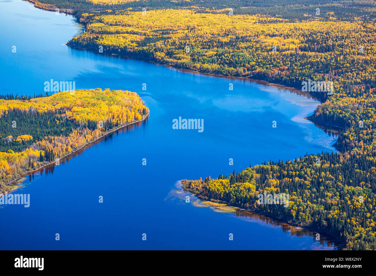 Aerial autumn view of Christina Lake near Conklin, Alberta south of ...