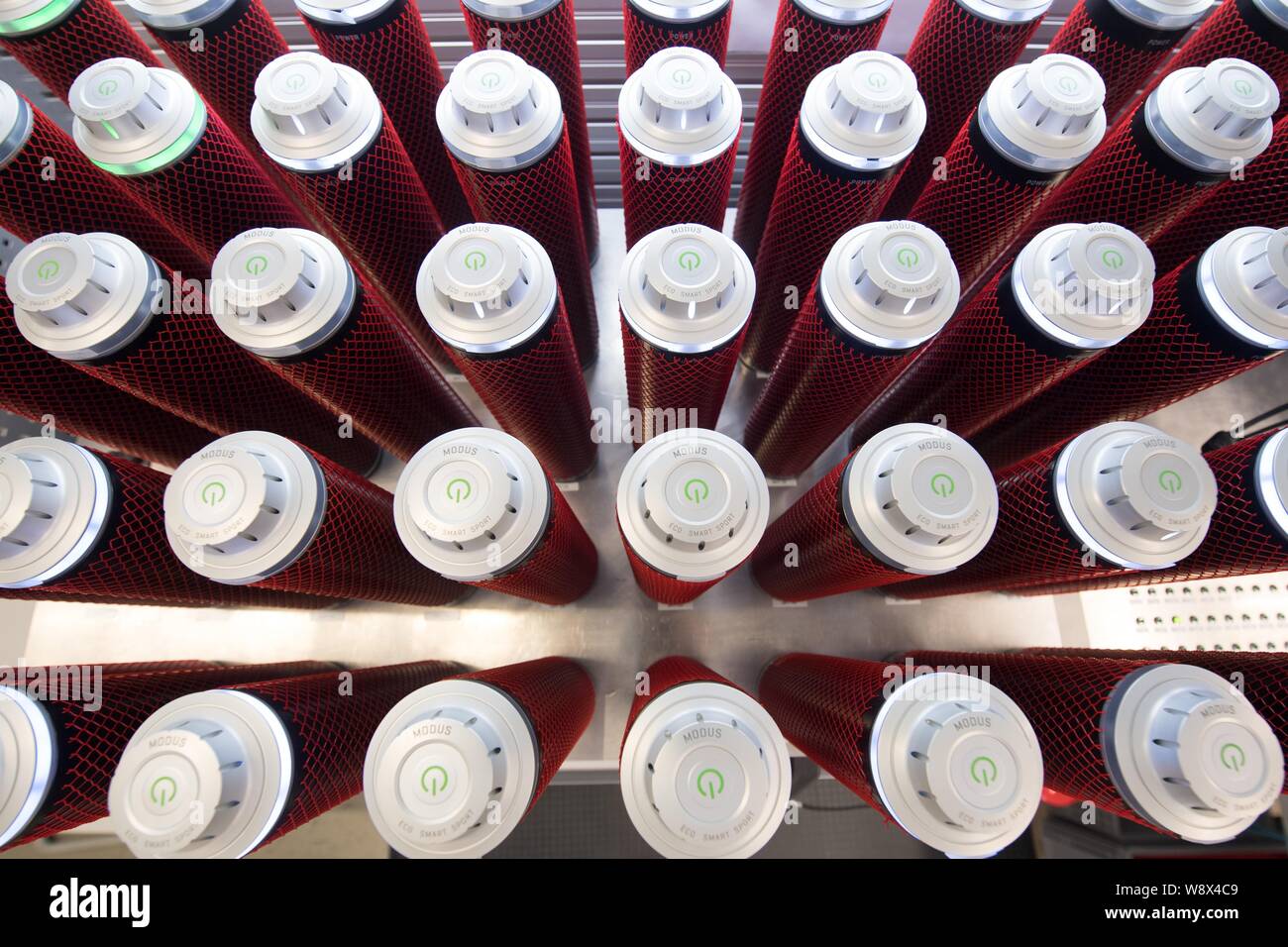 22 July 2019, Saxony, Wilkau-Haßlau: Bicycle batteries are charged on a ...
