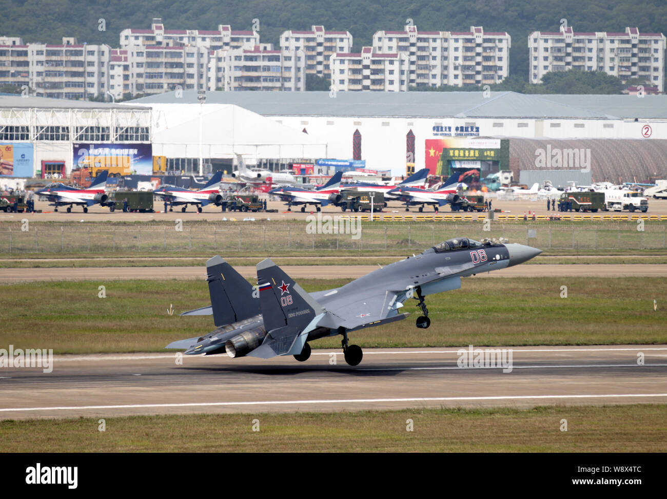 A Russian Sukhoi Su-35 fighter jet takes off for a demonstration flight ...
