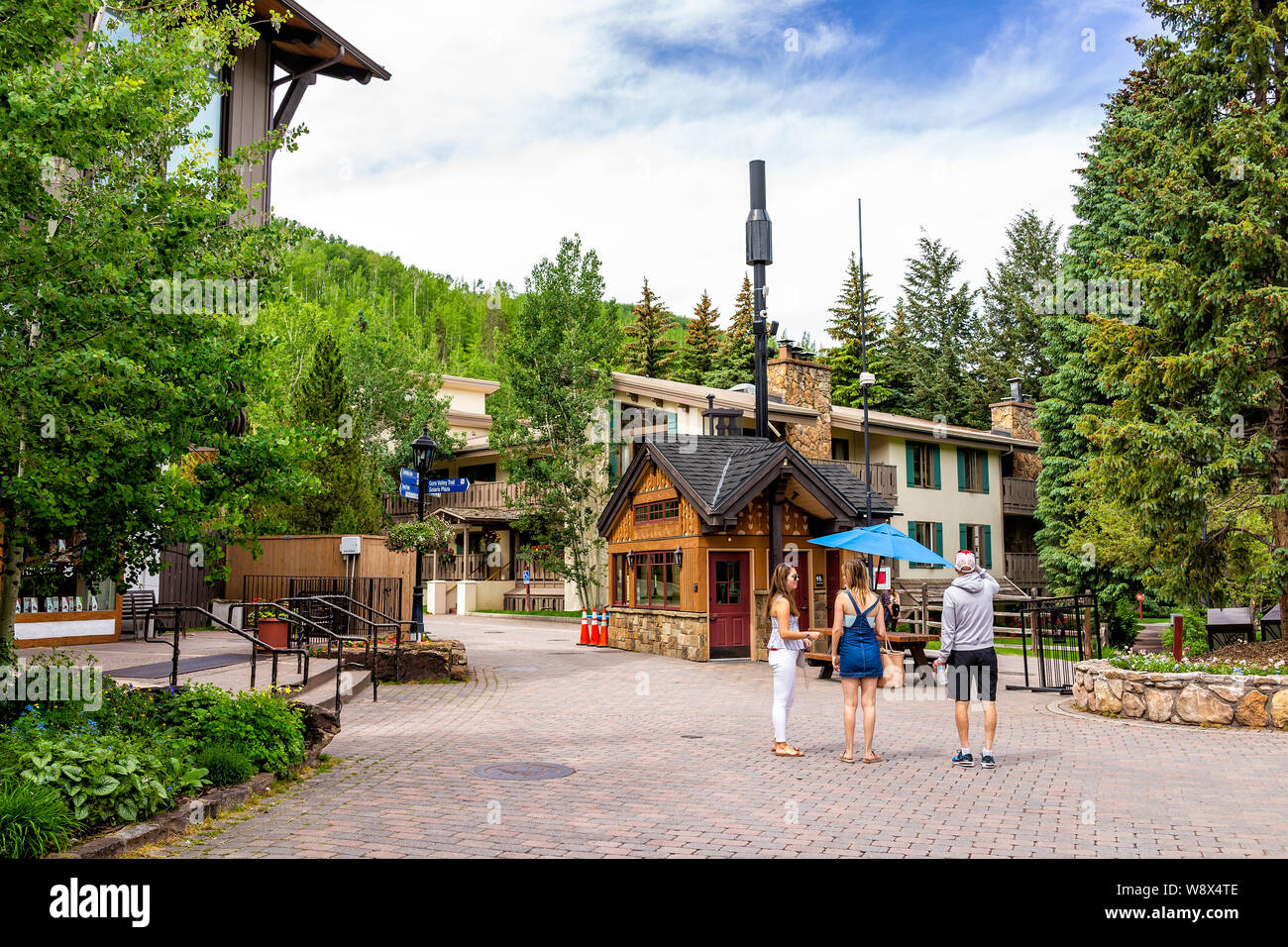 Vail, USA - June 29, 2019: Vacation resort town in Colorado with people ...
