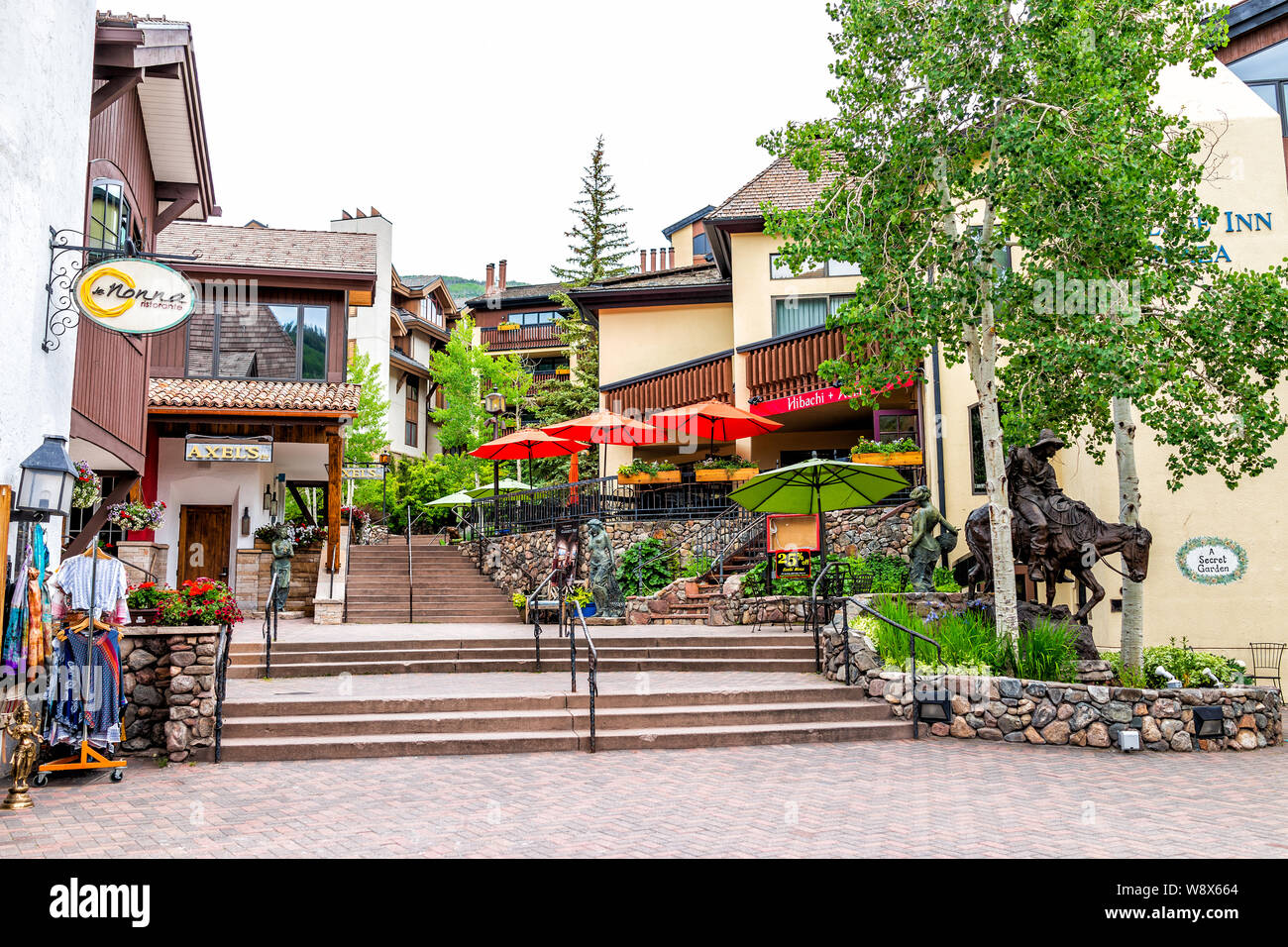 Vail, USA - June 29, 2019: Steps up on street with nobody at shopping ...