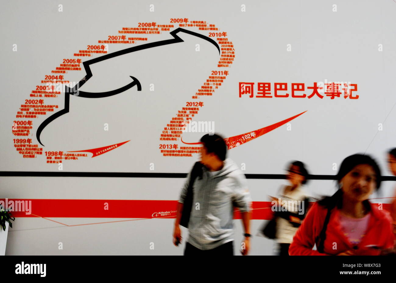 --FILE--Employees walk past a logo of Alibaba at the headquarters of ...