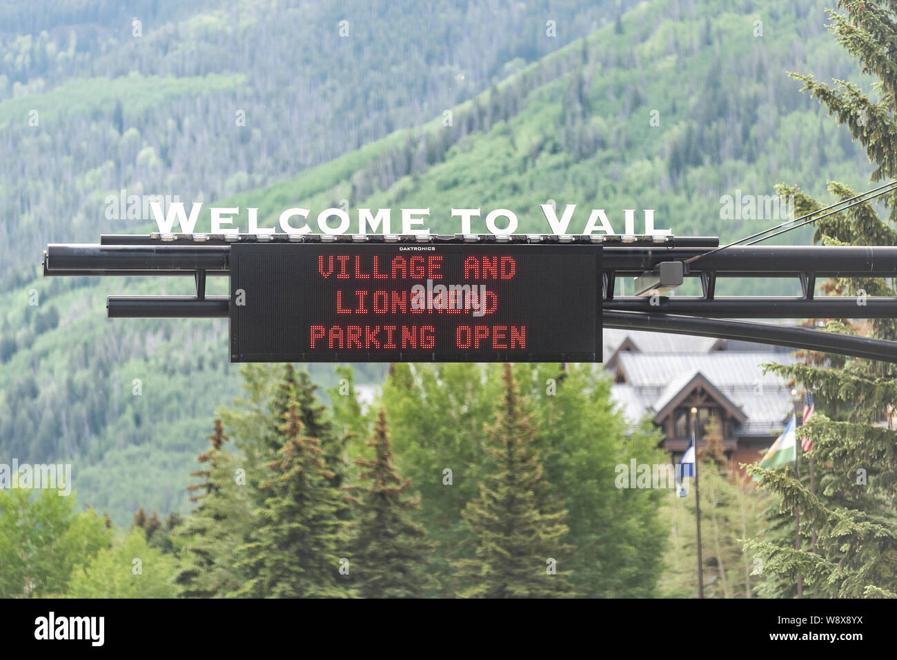 Vail, USA - June 29, 2019: Road highway through Colorado town with sign ...