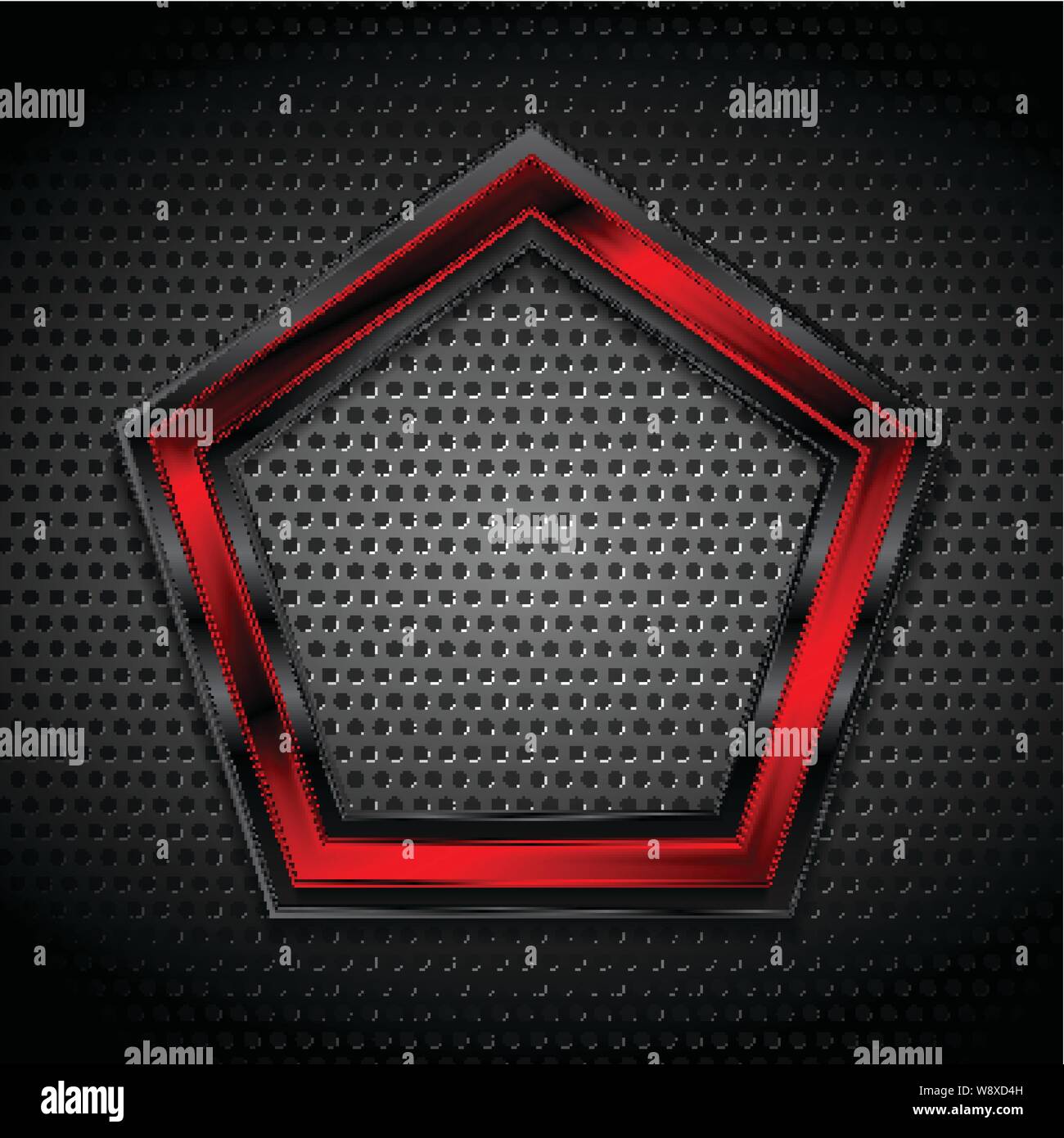 Black and red pentagon shape on perforated metallic texture. Vector ...