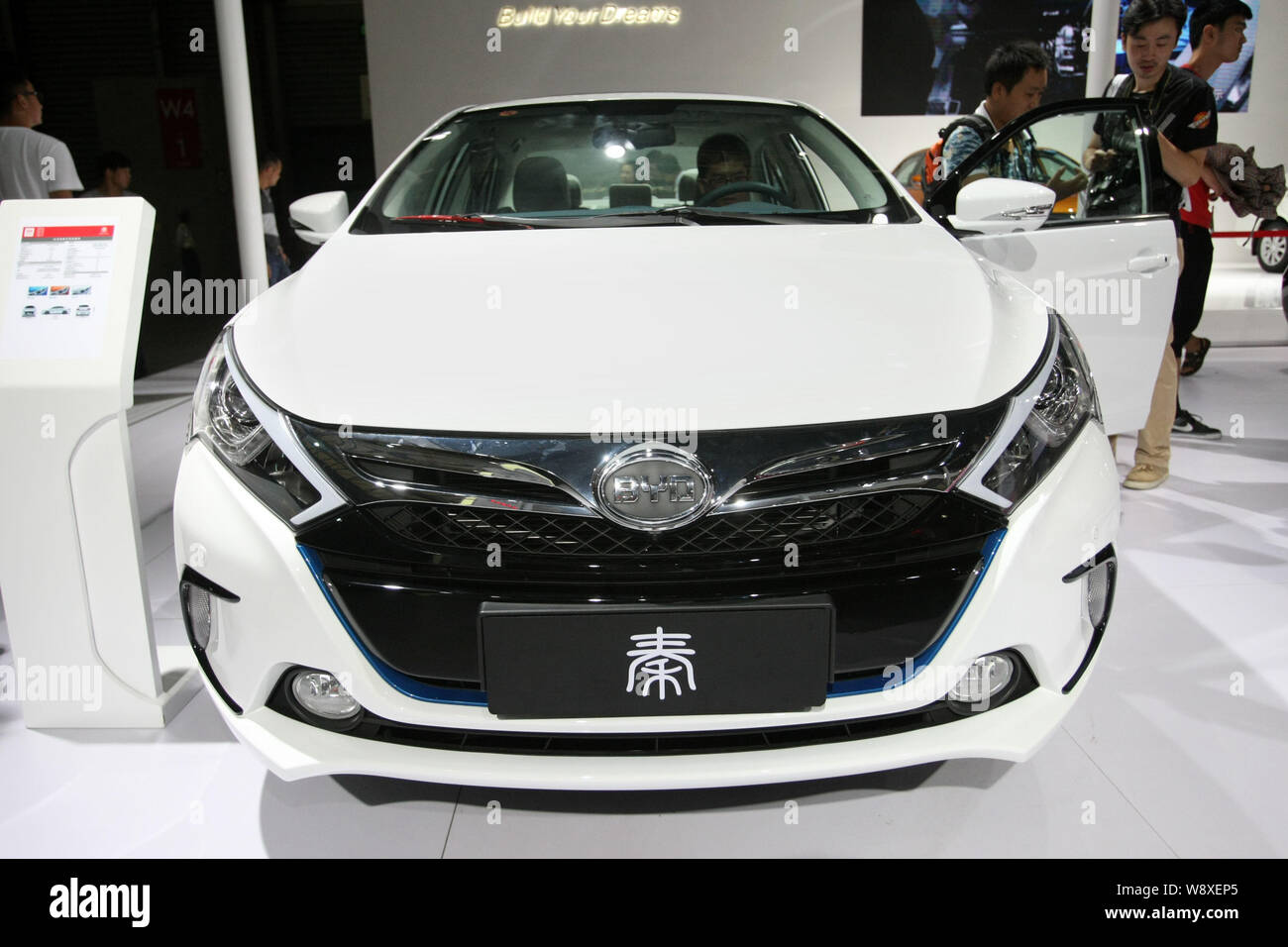 --FILE--Visitors look at or try out a BYD Qin electric car during the ...