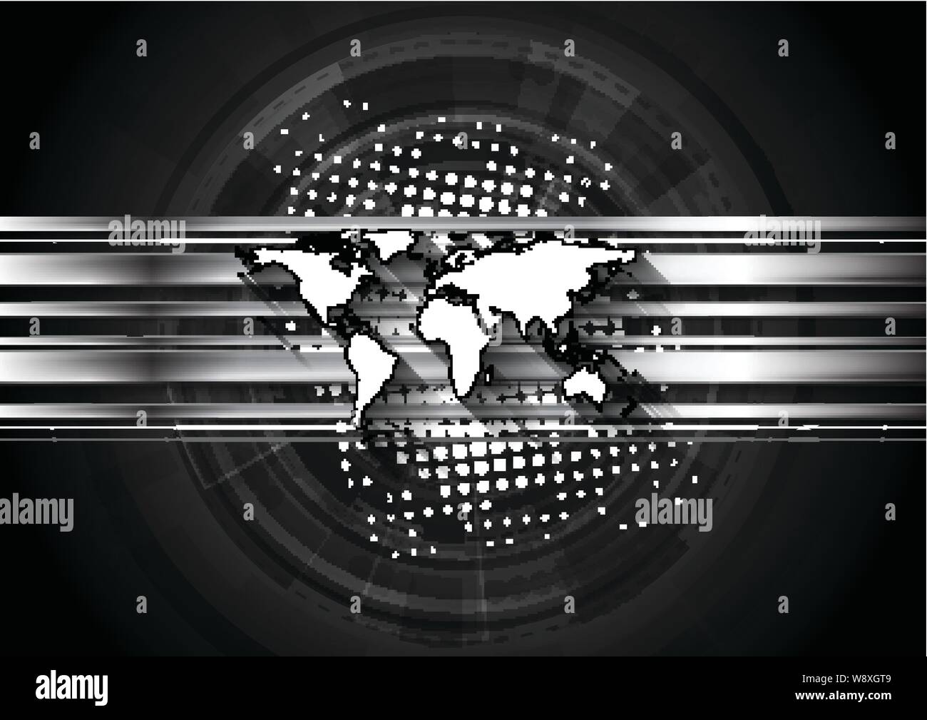 Dark technology background with world map and silver stripes. Vector ...