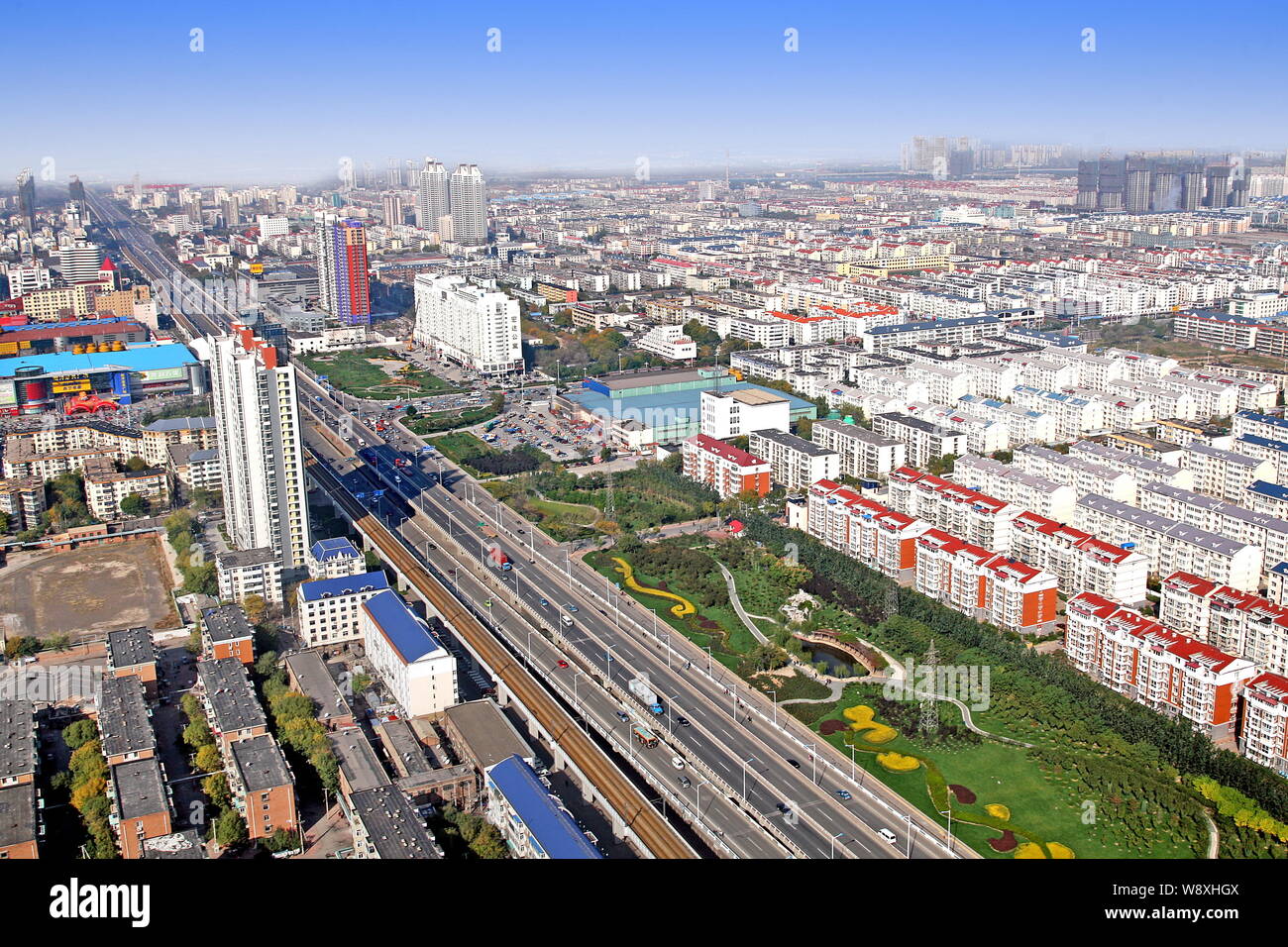 Skyline of Binhai New Area with highways, high-rise buildings and ...