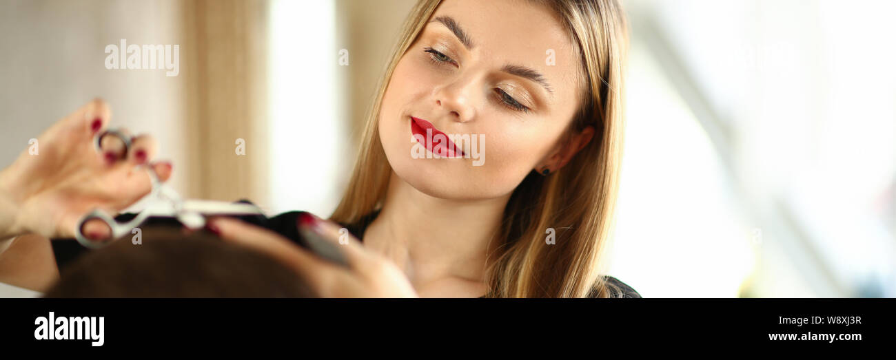 Young Woman Hairstylist Cutting Male Client Hair Stock Photo - Alamy
