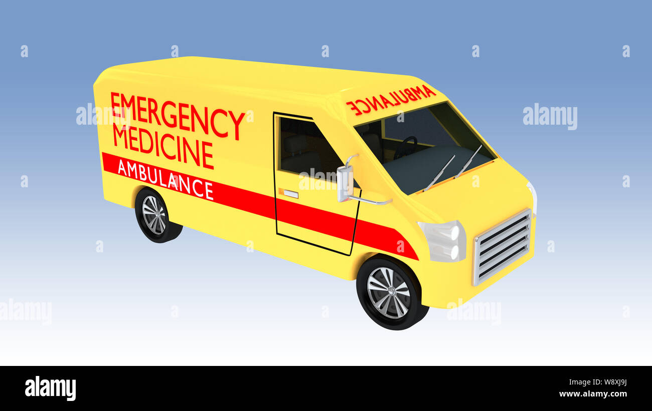 3D illustration of an emergency medicine ambulance, isolated on a blue ...