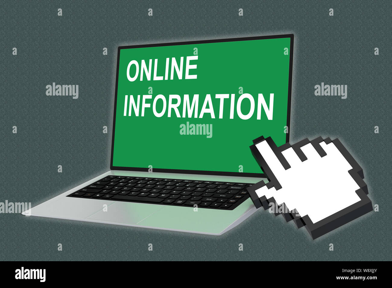 3D illustration of ONLINE INFORMATION script with pointing hand icon ...