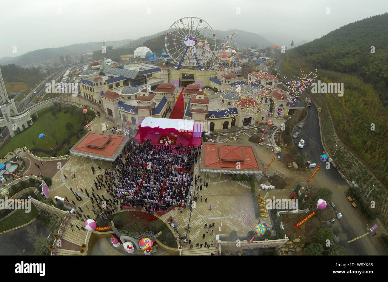 Aerial view of the inauguration ceremony of the new Hello Kitty theme ...