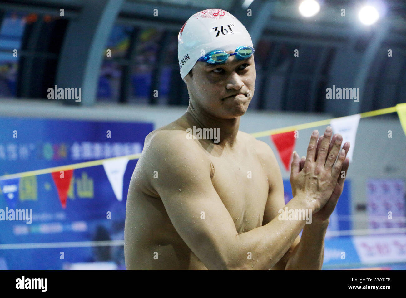 --FILE--Sun Yang of China poses after the 1500m freestyle final during ...