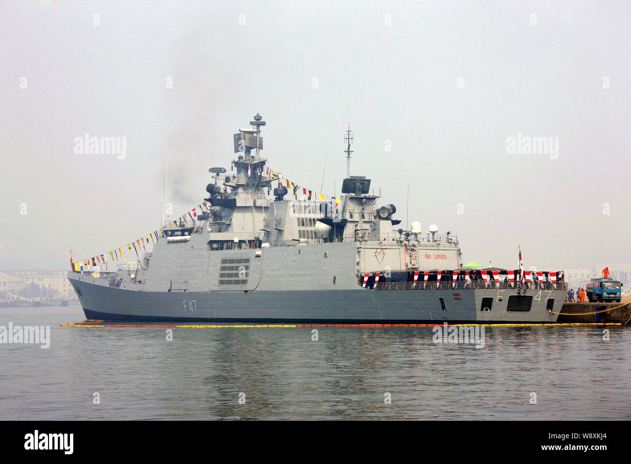 The Shivalik (F47) frigate of the Indian Navy berths at a port during ...
