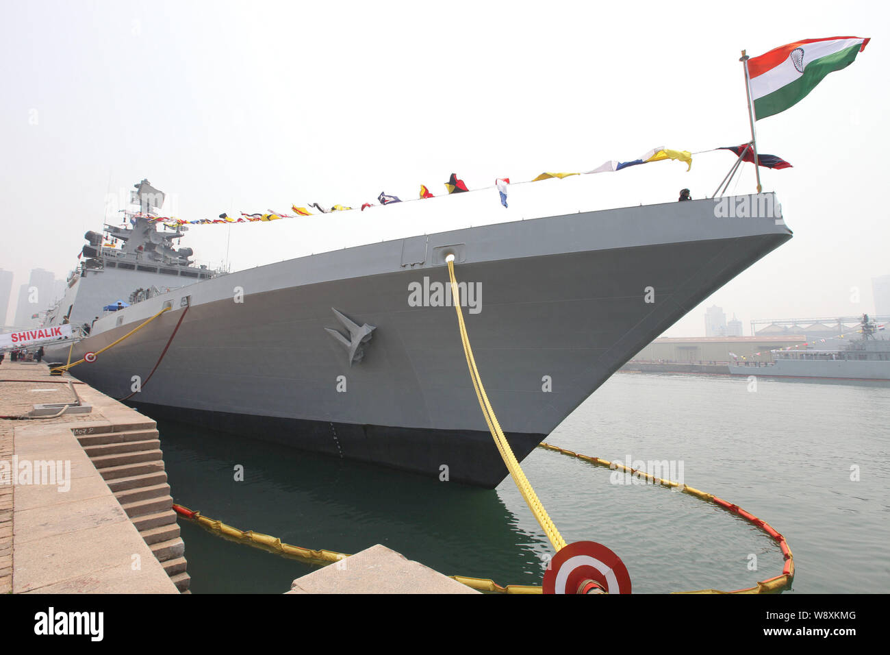 The Shivalik (F47) frigate of the Indian Navy berths at a port during ...