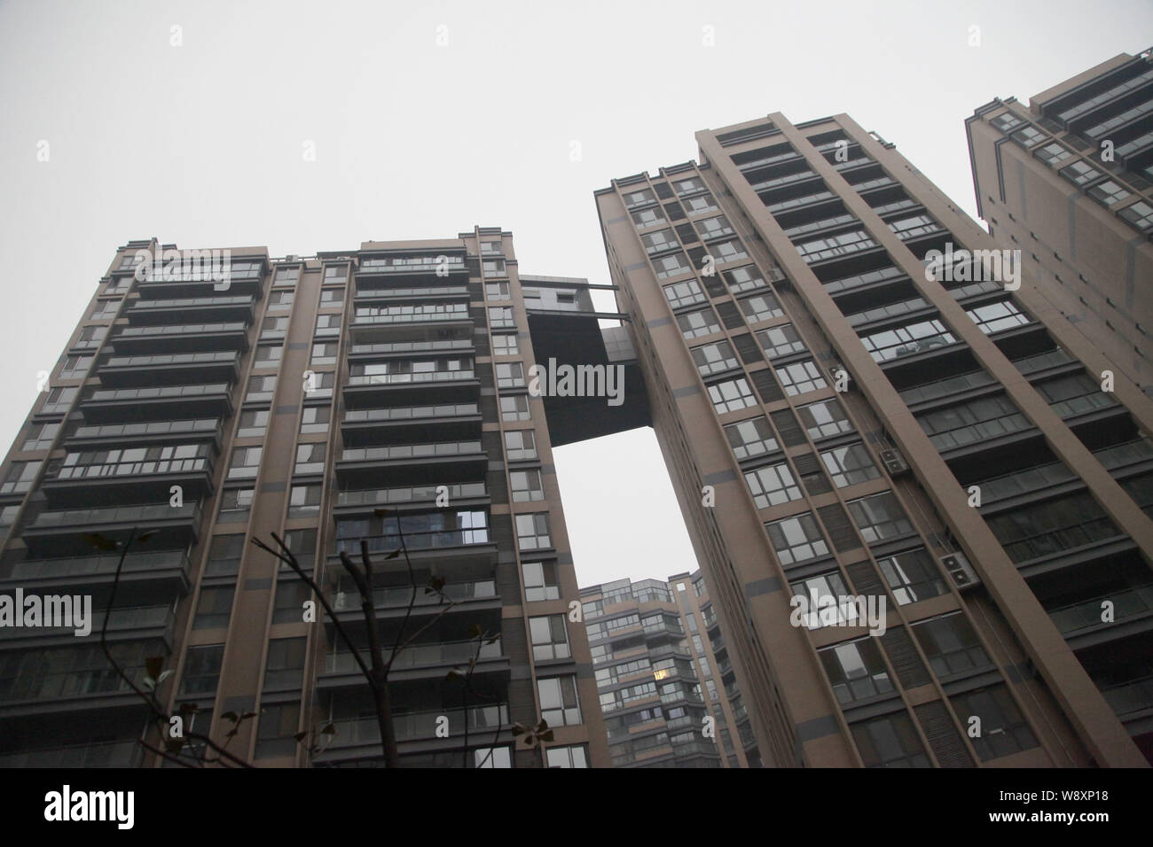 View of a suspended corridor built between two high-rise apartment ...