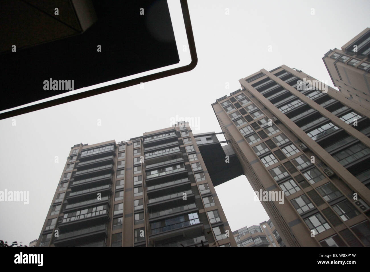 View of a suspended corridor built between two high-rise apartment ...