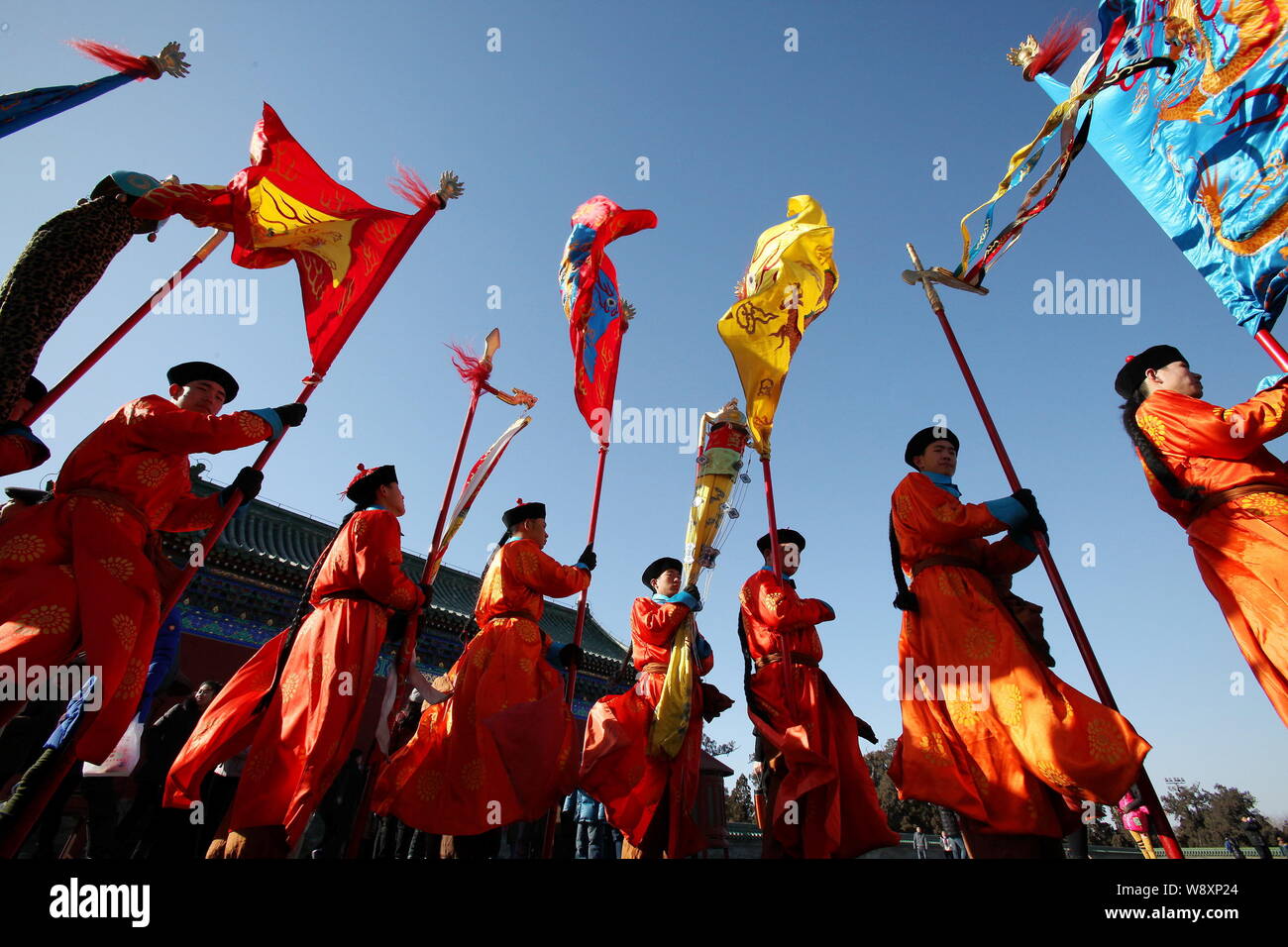 Entertainers dressed in costumes of the Qing Dynasty (AD 1644 - 1911 ...
