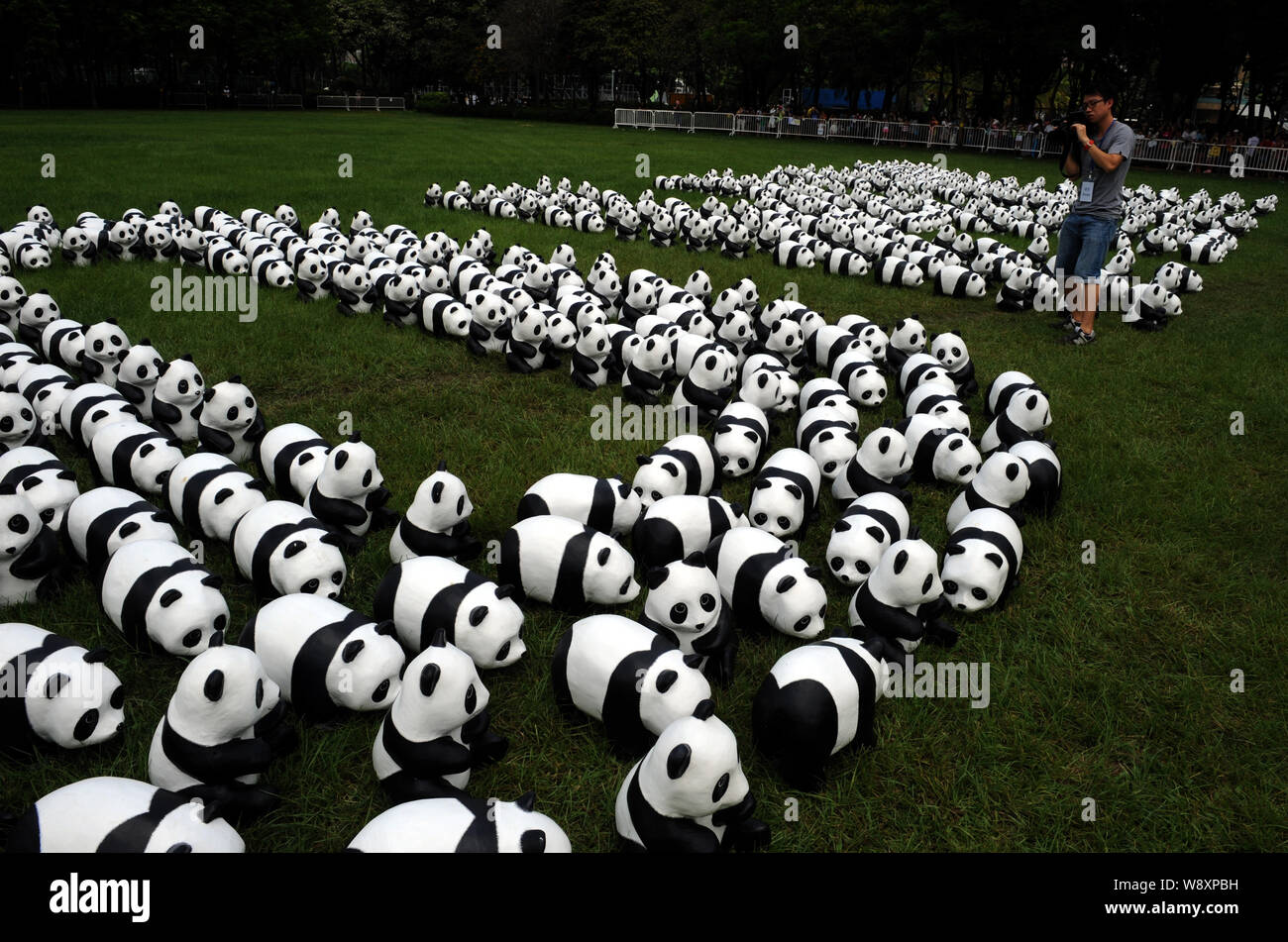 A visitor takes photos of part of the 1,600 paper pandas created by ...