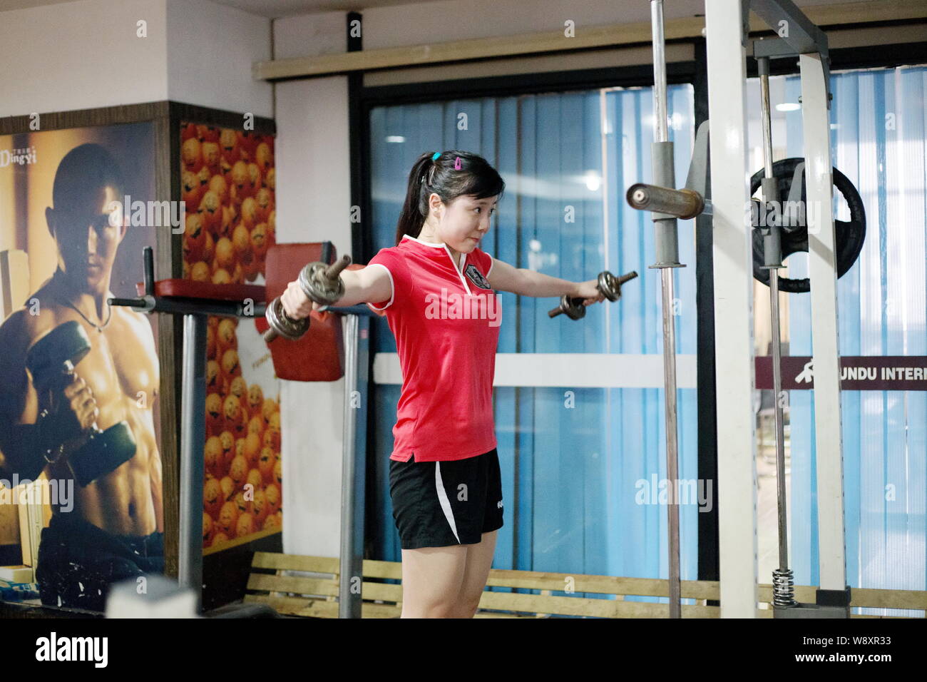American table tennis player Ariel Hsing practices physical strength ...